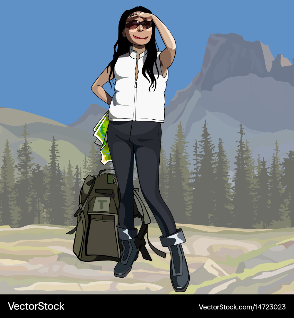 Cartoon female hiker with backpack looking Vector Image