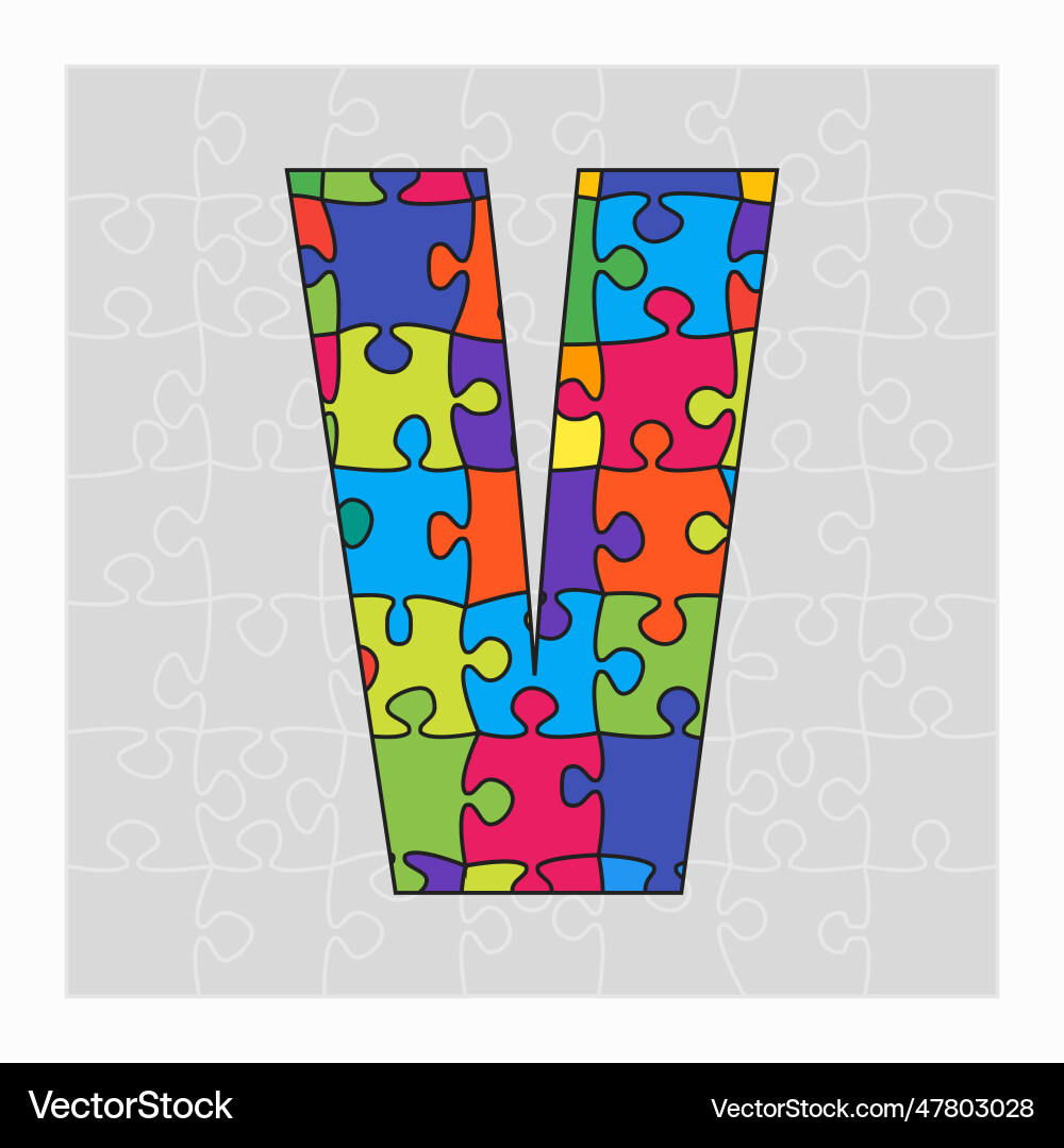 Colorful puzzle letter - v jigsaw creative font Vector Image