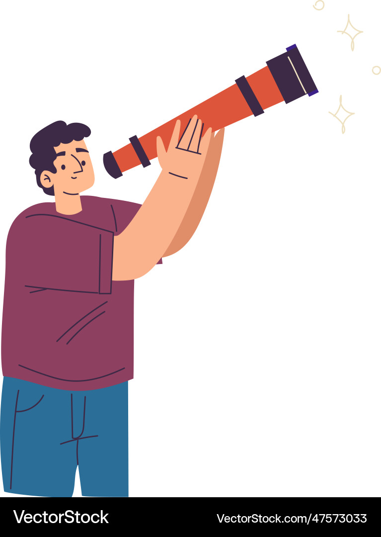 Happy man character with telescope star watching Vector Image