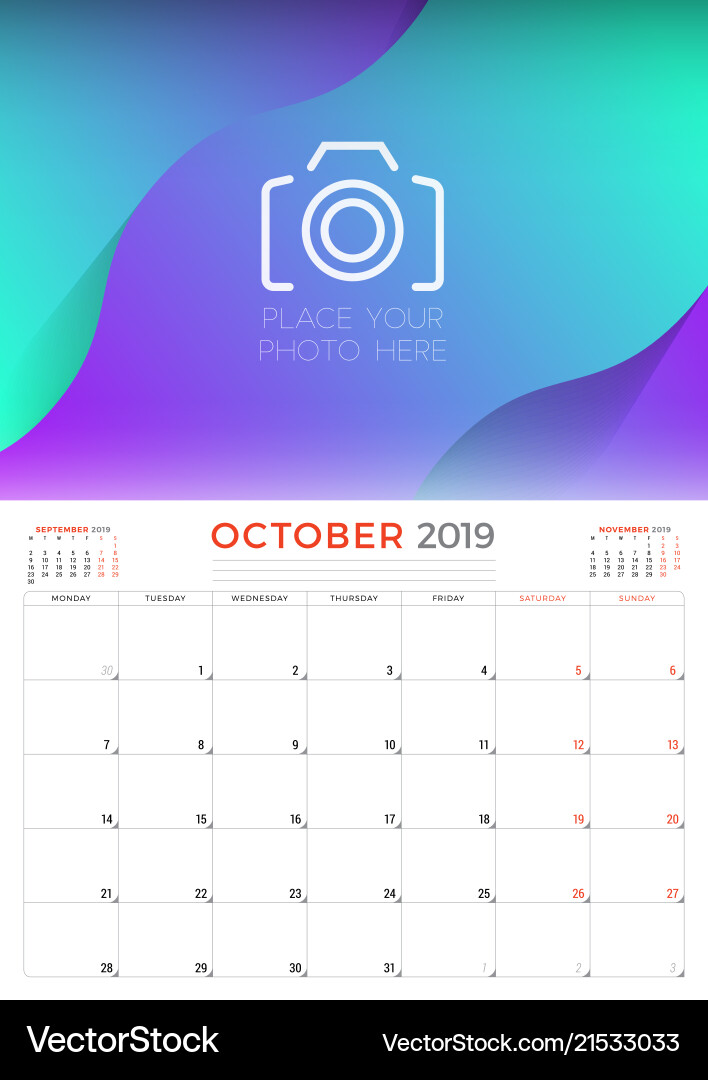 October 2019 calendar planner stationery design Vector Image
