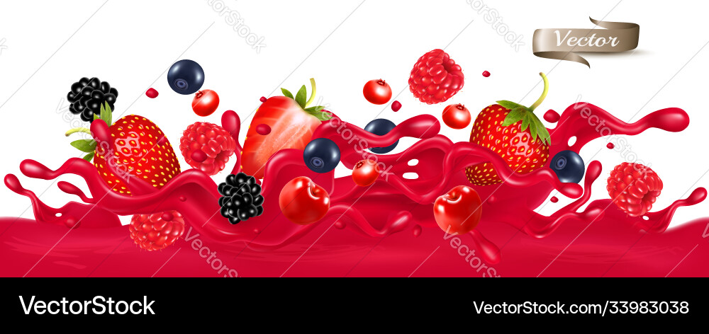 Red berry juice splash wave whole and sliced Vector Image