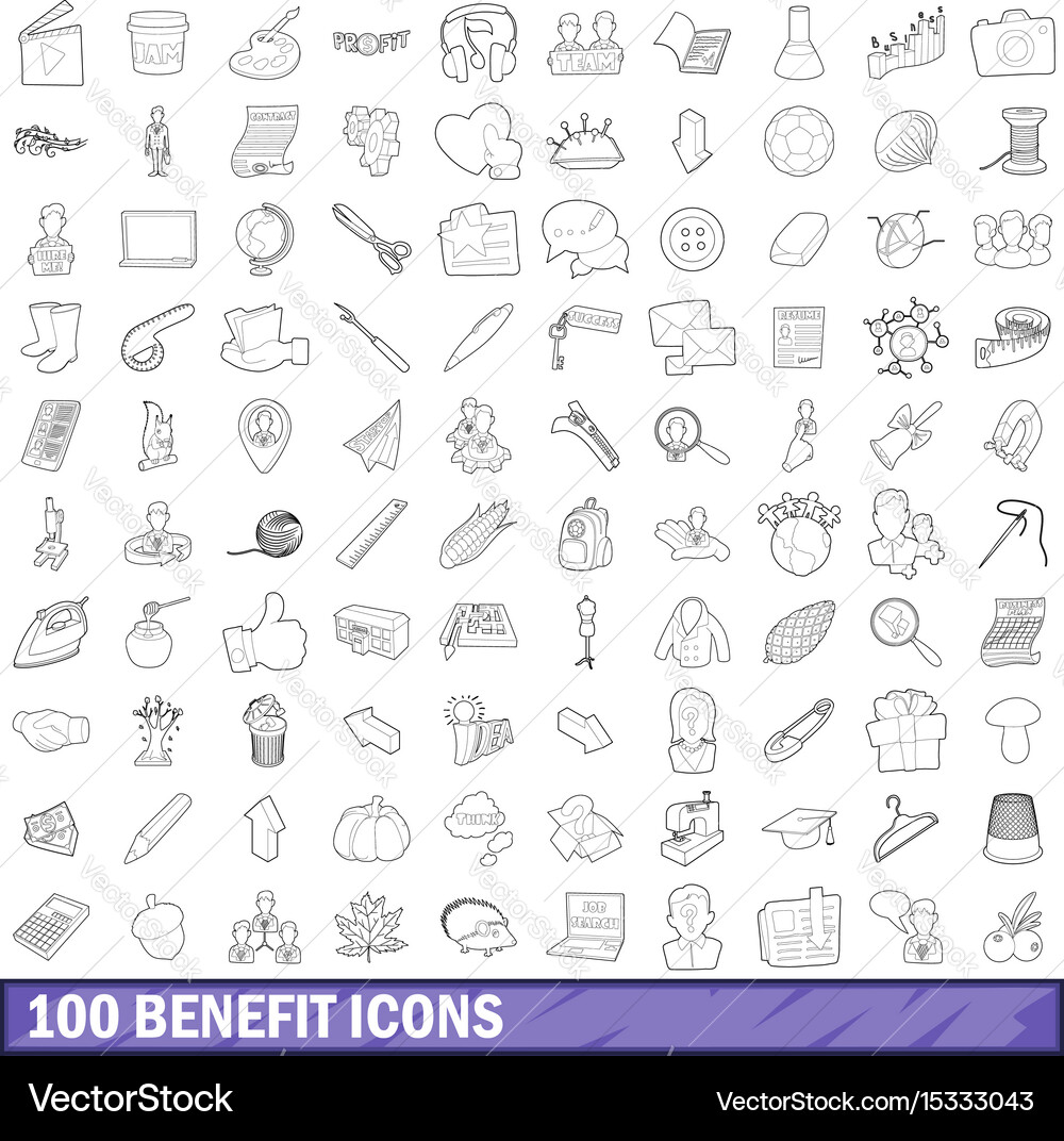 100 benefit icons set outline style Royalty Free Vector