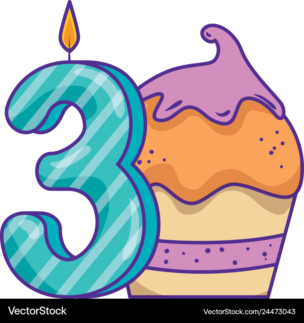 Cupcake sweet with candle number three Royalty Free Vector
