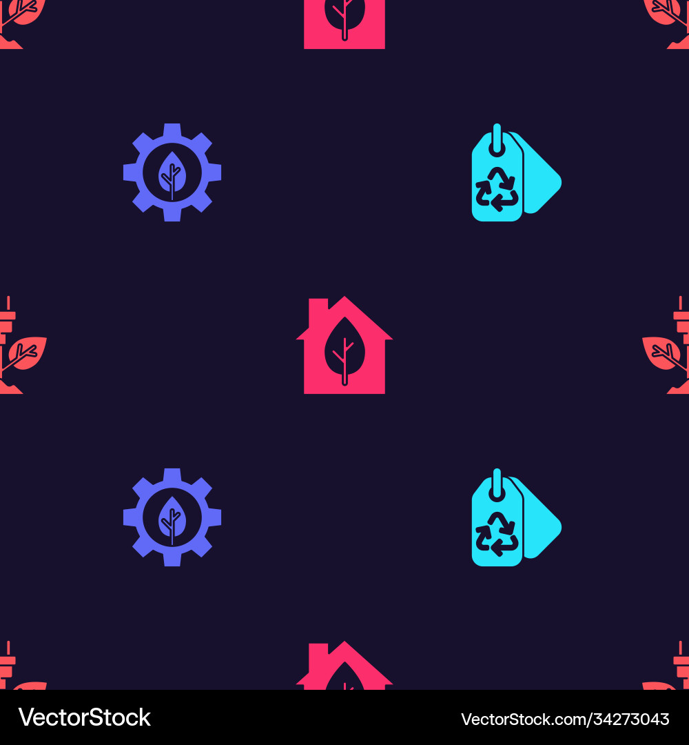 Set tag with recycle leaf plant in gear machine Vector Image