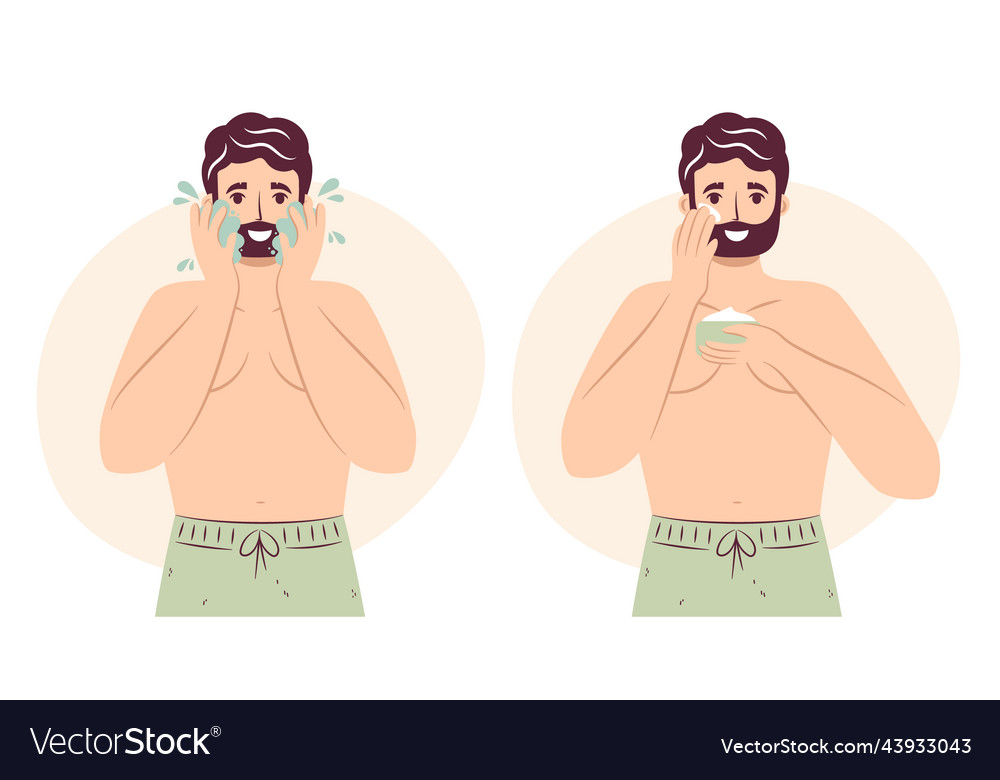 Skincare Routine Concept Happy Young Man Washes Vector Image