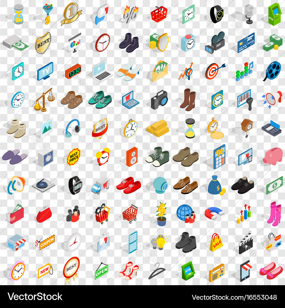100 sales icons set isometric 3d style Royalty Free Vector