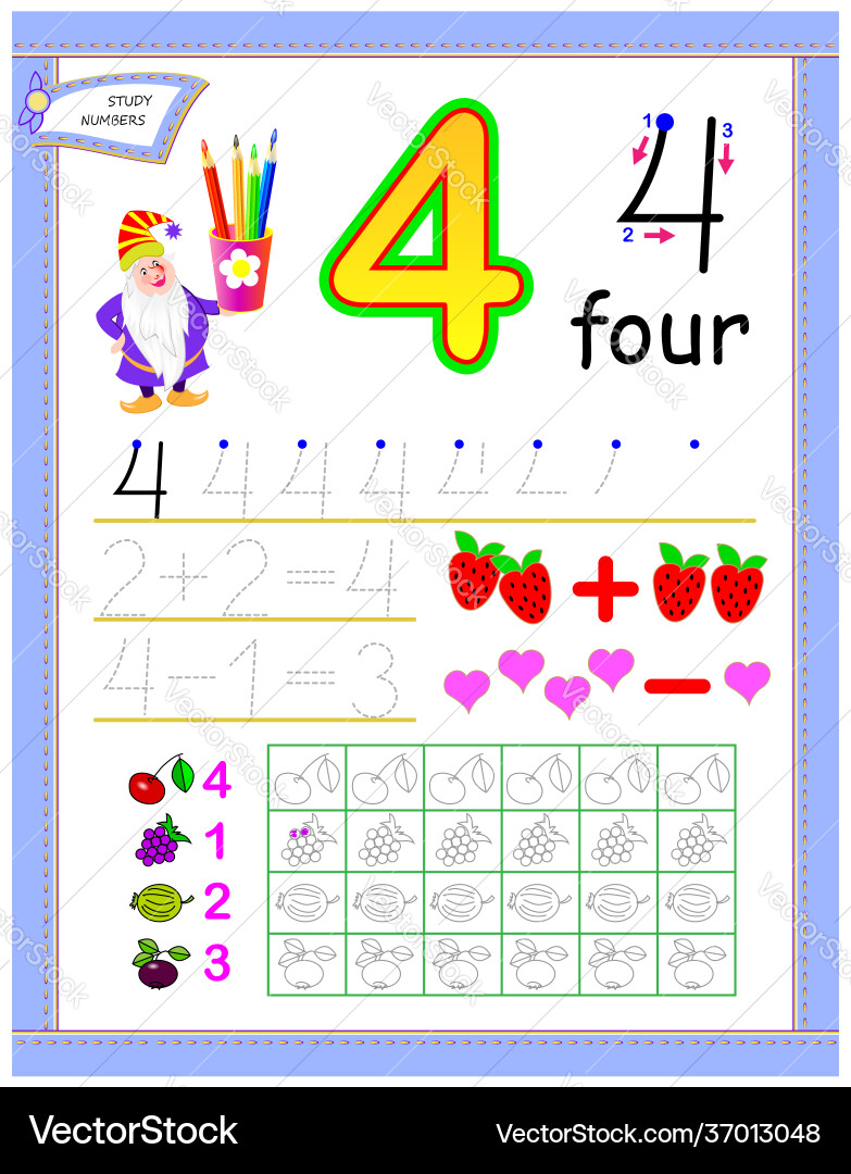 Educational page for kids with number 4 count and Vector Image