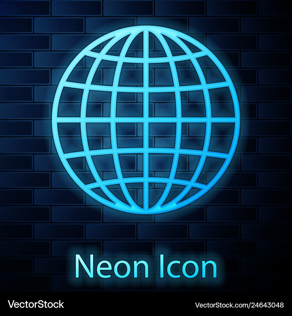 Glowing neon earth globe icon isolated on brick Vector Image