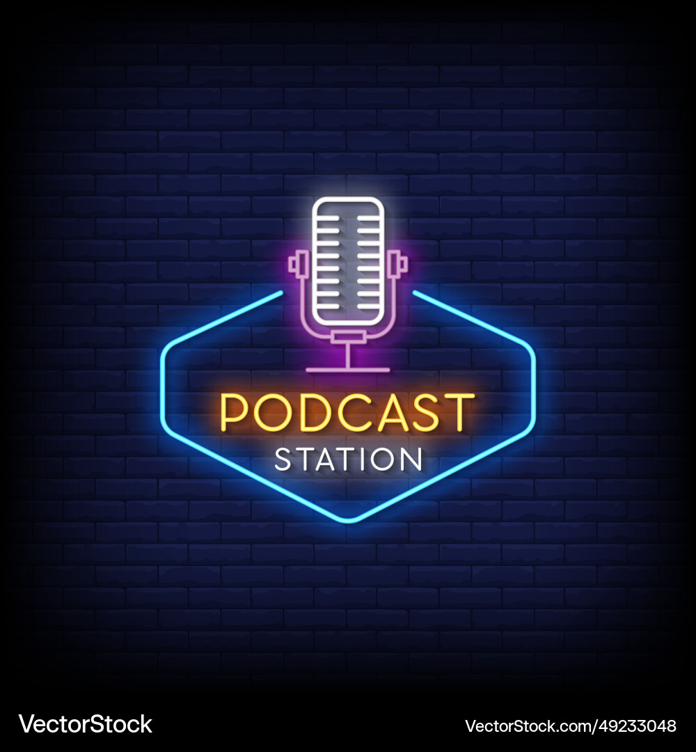 Neon sign podcast station with brick wall Vector Image