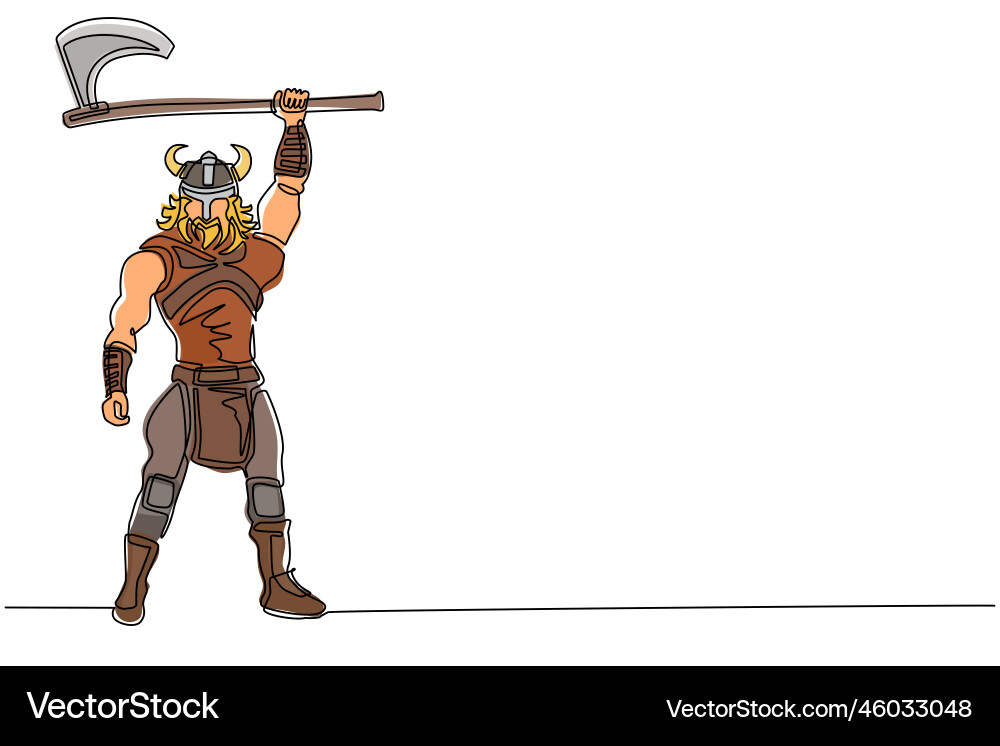 Single one line drawing nordic man holding axe up Vector Image