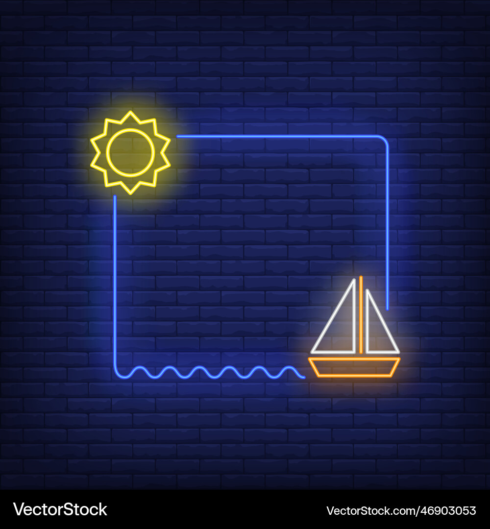 Blue glowing frame neon sign sun sea Royalty Free Vector
