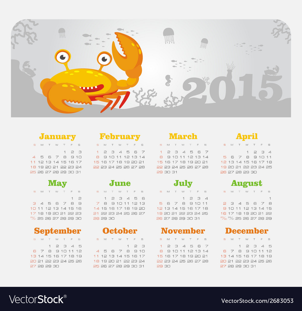 Calendar 2015 year with crab Royalty Free Vector Image