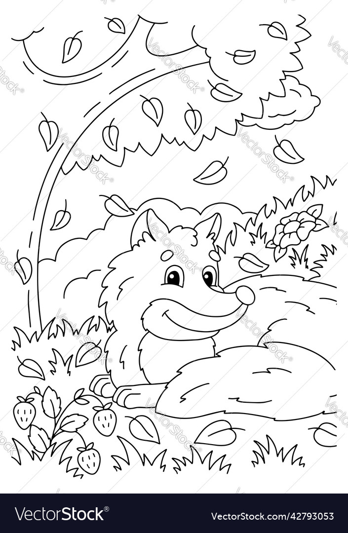 Cute fox in the autumn forest coloring book page Vector Image
