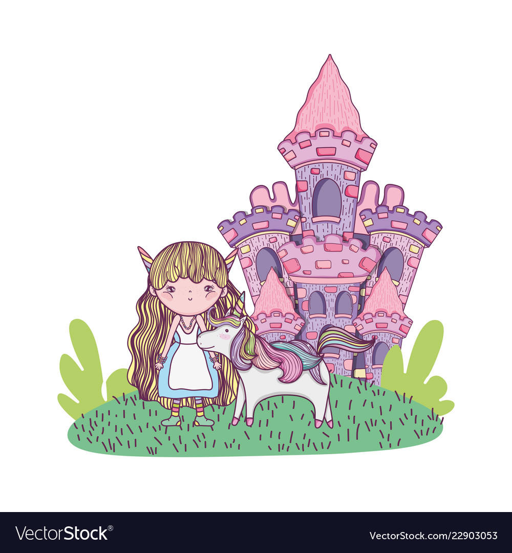 Cute little fairy with castle and unicorn Vector Image