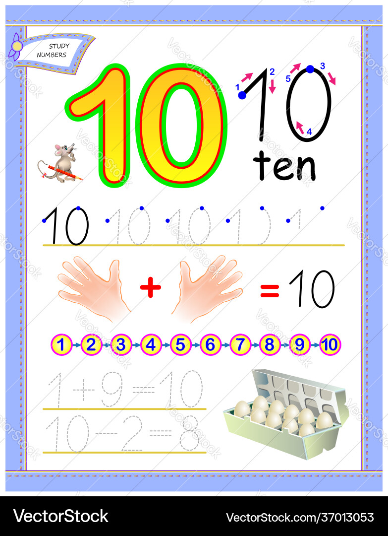 Educational page for kids with number 10 solve Vector Image