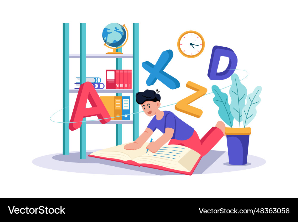 A child practices writing letters and numbers Vector Image