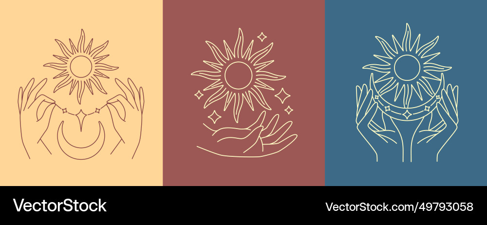 Hand and sun line art design collection Royalty Free Vector