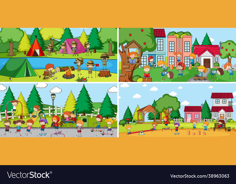 Outdoor scene set with many kids doodle cartoon Vector Image