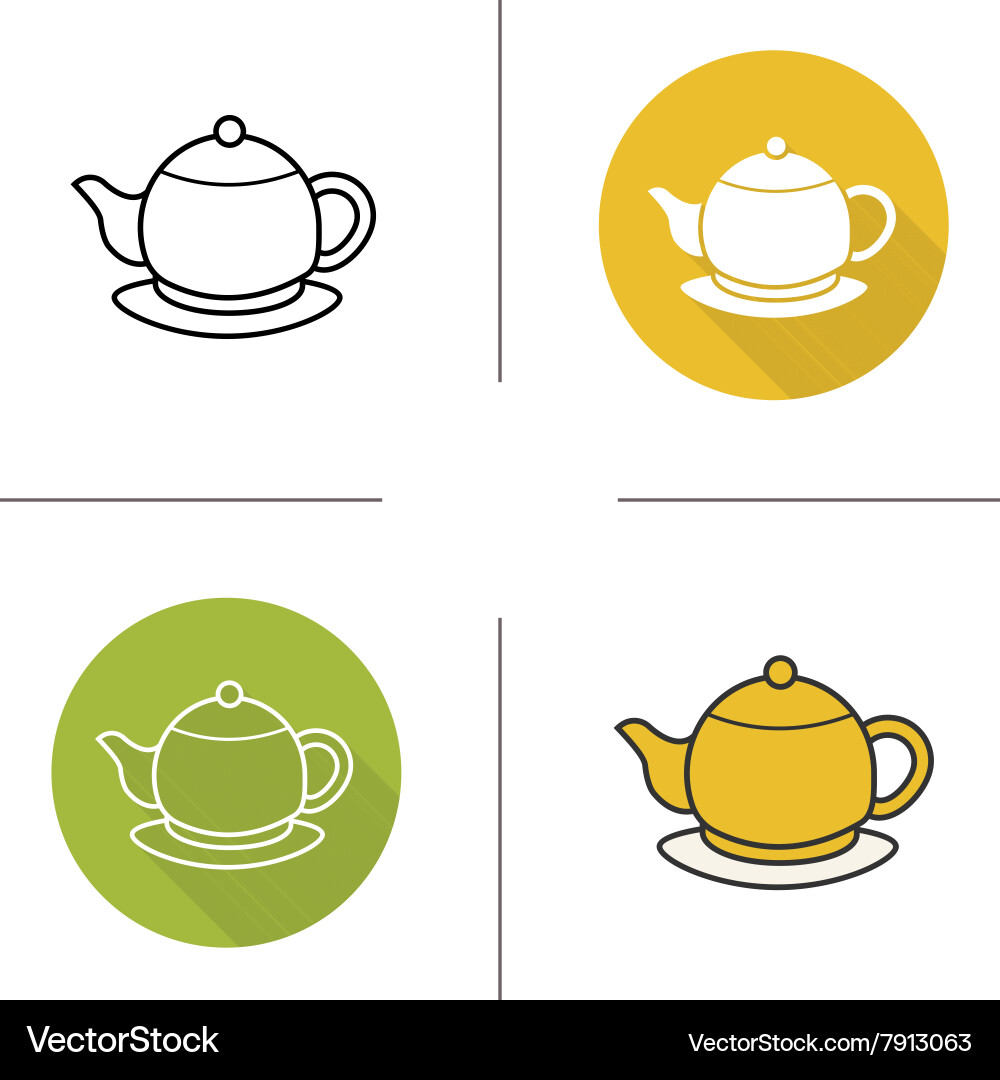 Tea pot flat design linear and color icons set Vector Image