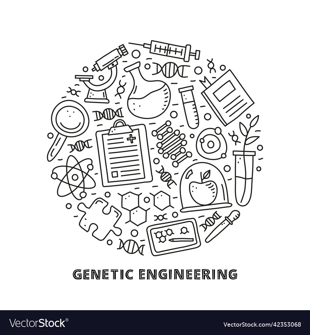 Doodle outline genetic engineering icons in circle