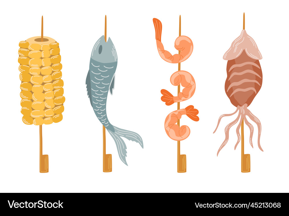 Food on a stick squid fish shrimp and corn Vector Image