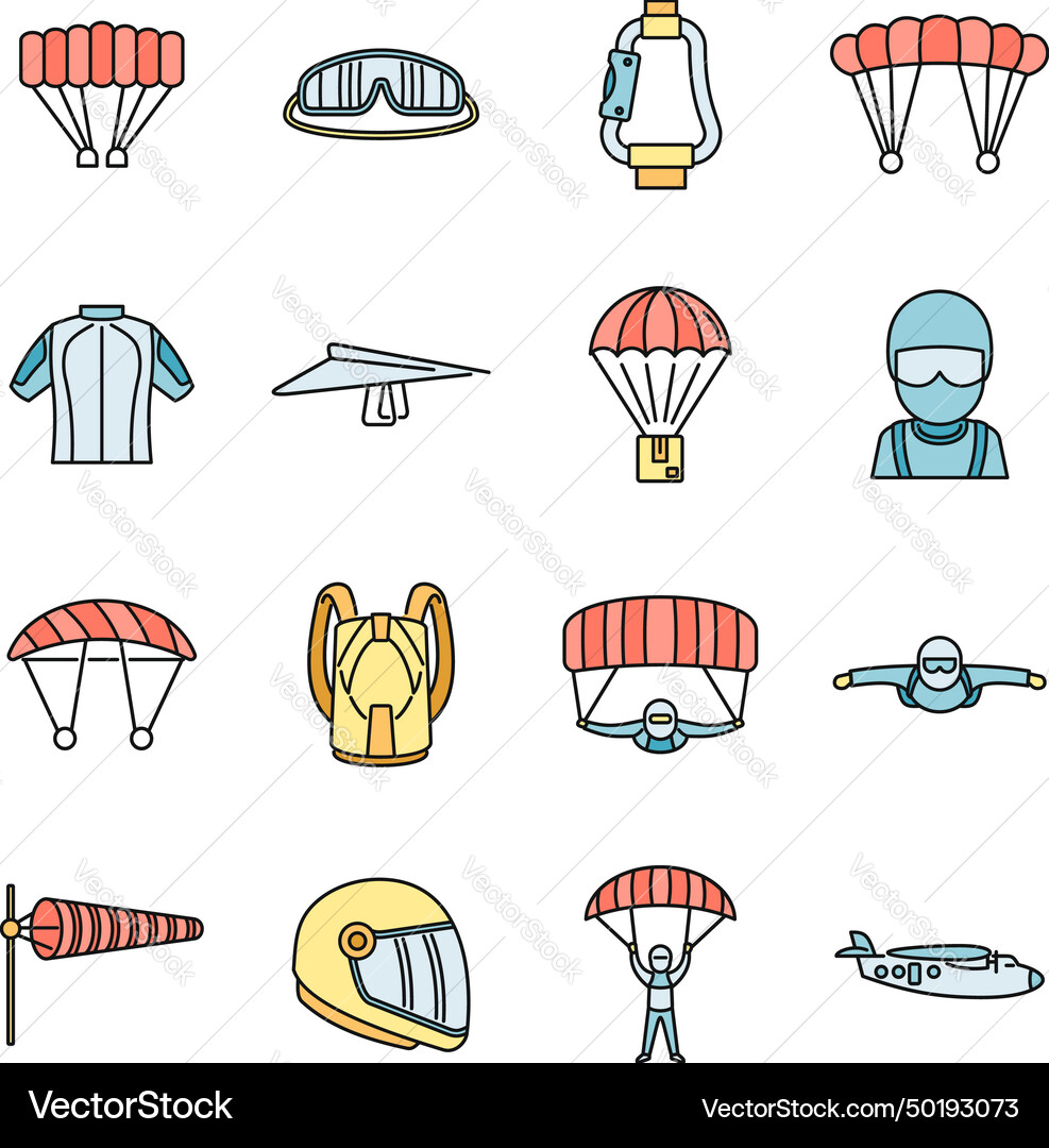 Fly parachuting icons set color line Royalty Free Vector