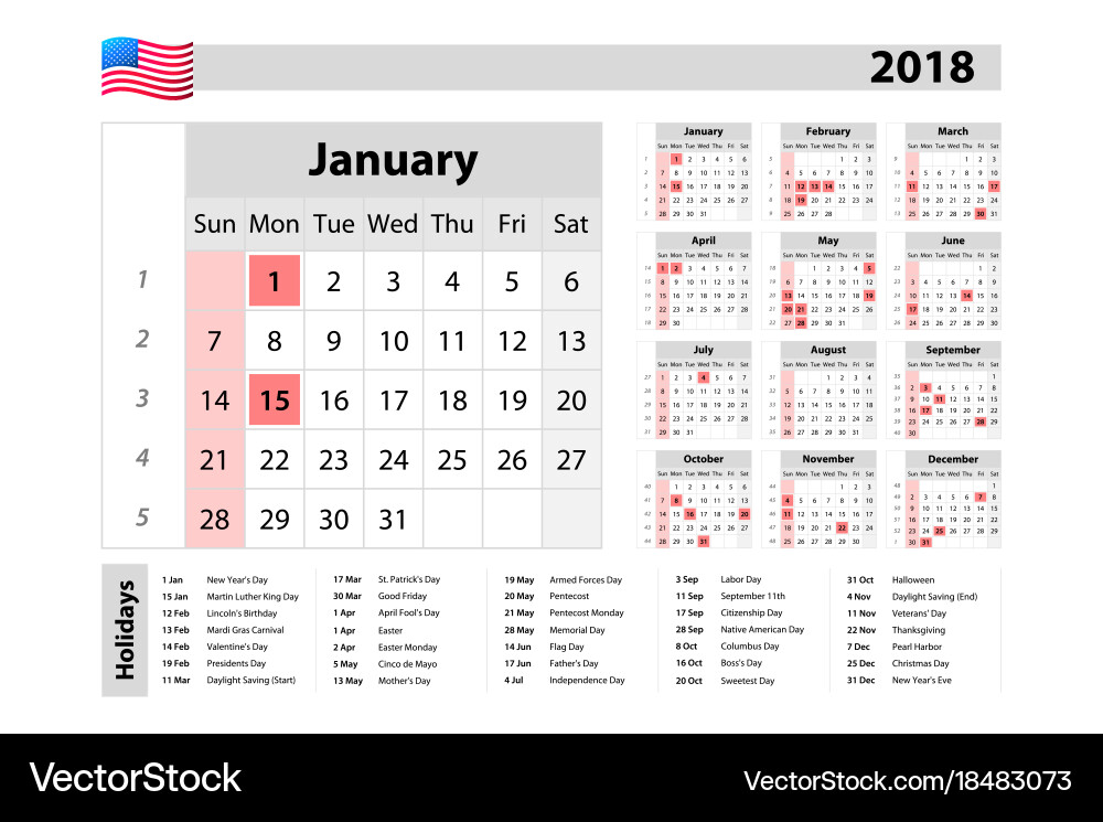 Simple calendar 2018 - one year at a glance Vector Image