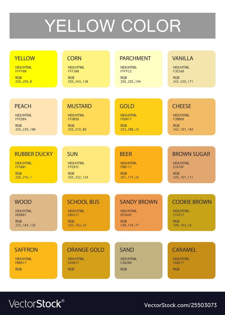 Yellow Color Codes And Names Selection Colors Vector Image