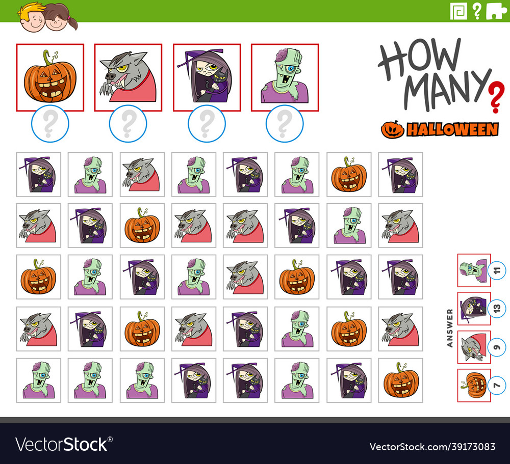 How many cartoon halloween characters counting Vector Image