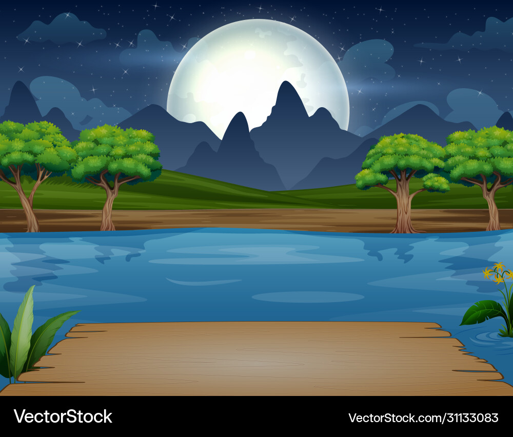 Night scene with wooden bench on river Royalty Free Vector