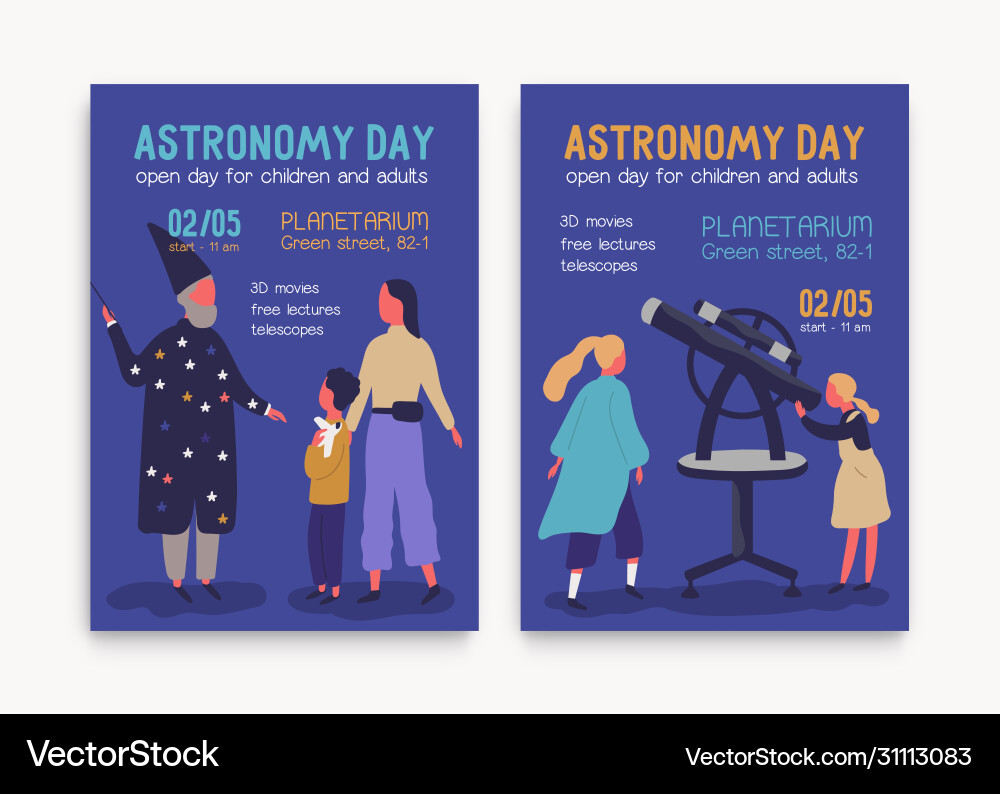 Set astronomy day promo poster flat Royalty Free Vector