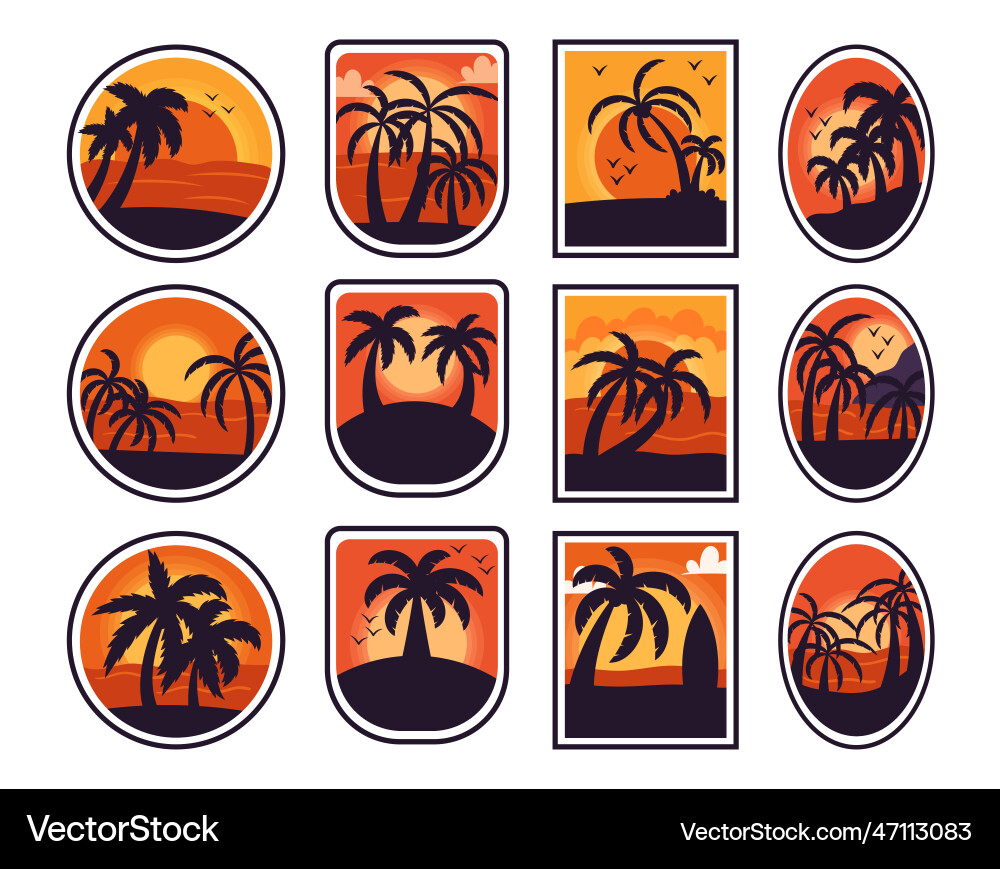 Tropical sunset badges set silhouetted palm trees Vector Image