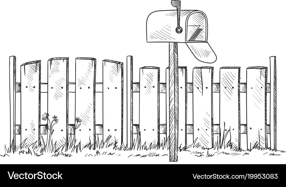 Wooden sketch fence with postbox Royalty Free Vector Image