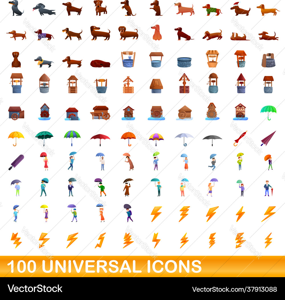 100 universal icons set cartoon style Royalty Free Vector