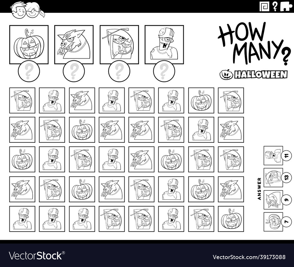 How many halloween characters counting game color Vector Image