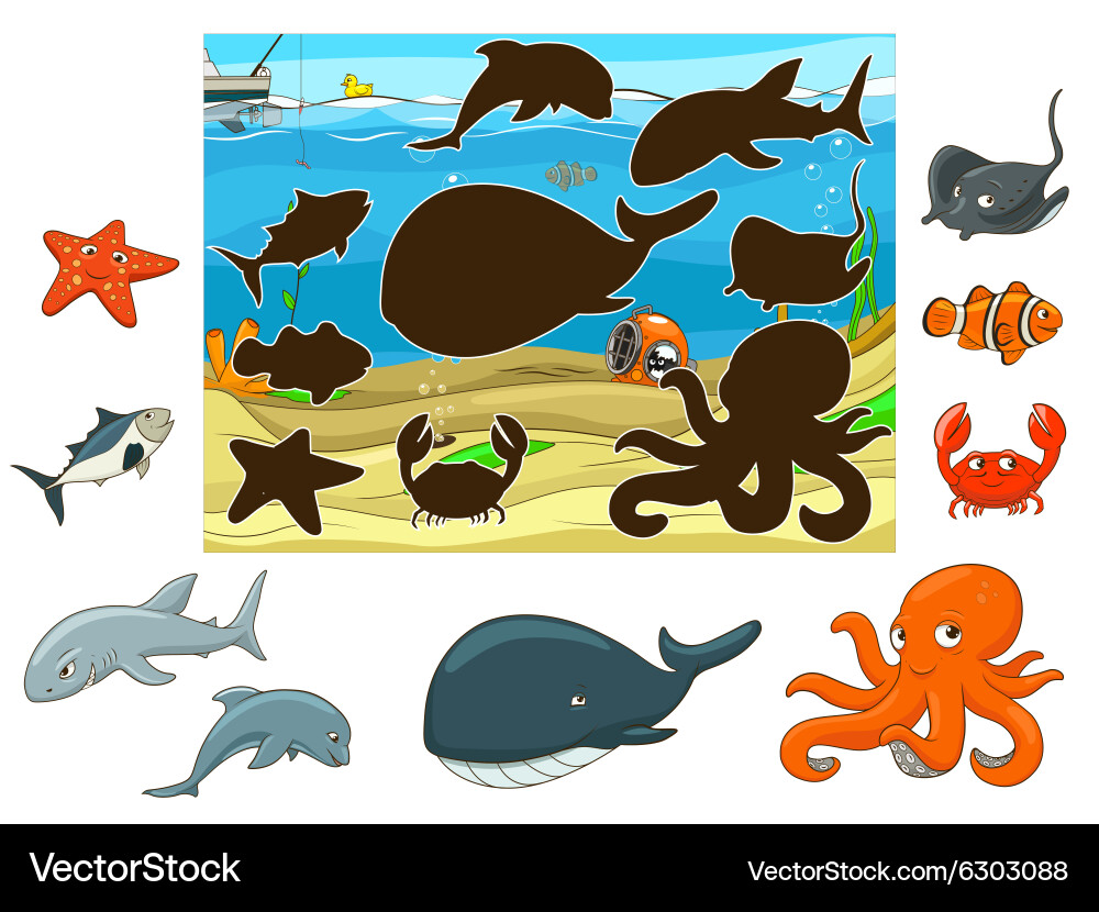 Match animals and fish to their shadows Royalty Free Vector