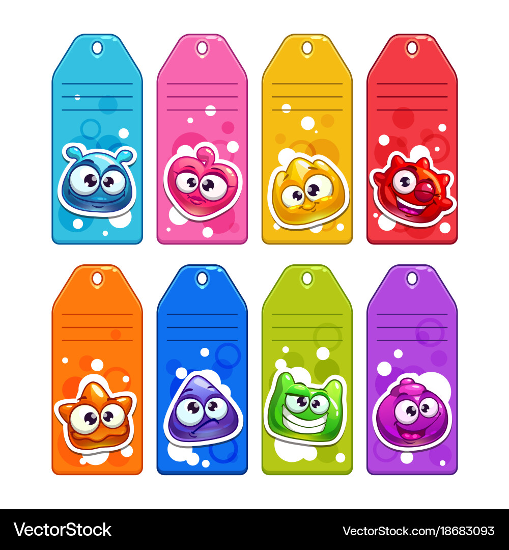 Colorful labels with funny jelly cartoon Vector Image