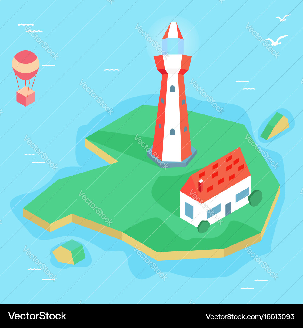 Isometric lighthouse with house on the island Vector Image