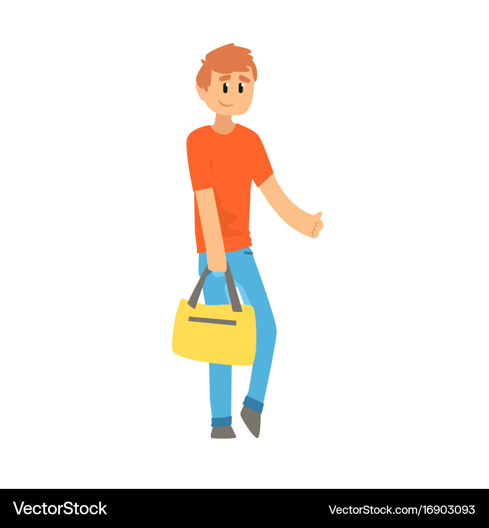 Young man with bag standing with a sign Royalty Free Vector