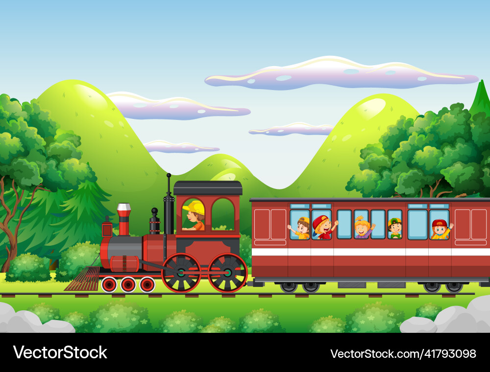 A kids in train with natural scene Royalty Free Vector Image