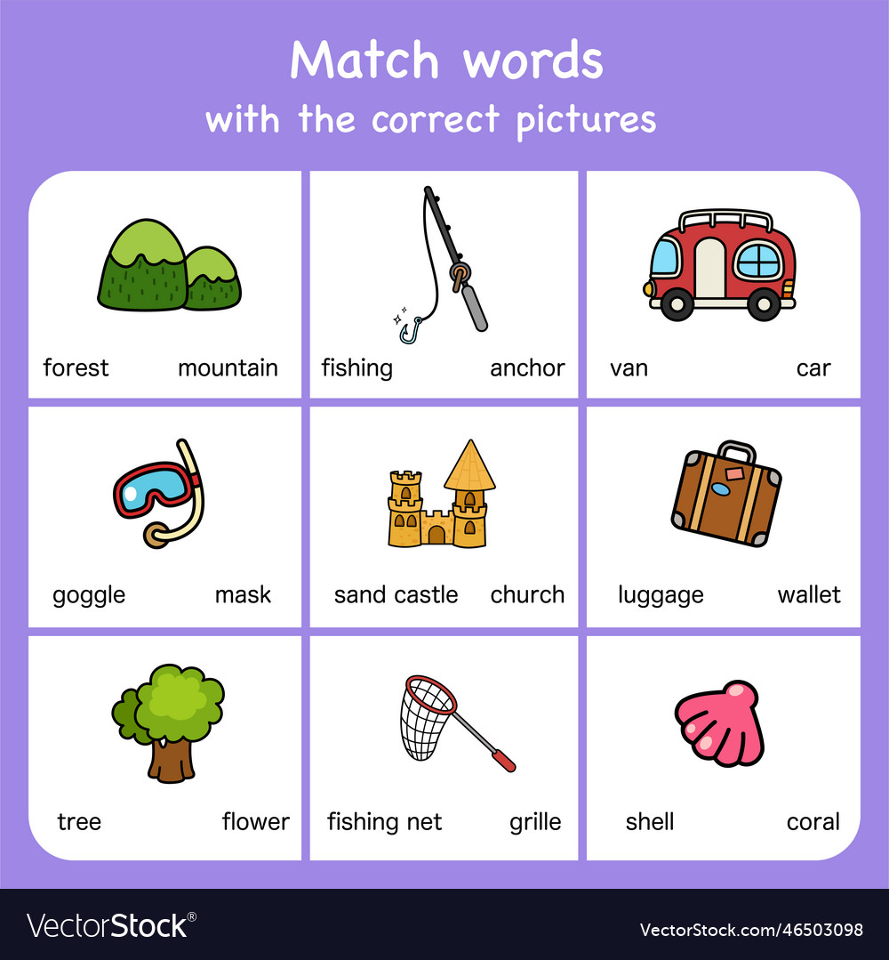 Match words with pictures educational worksheet Vector Image