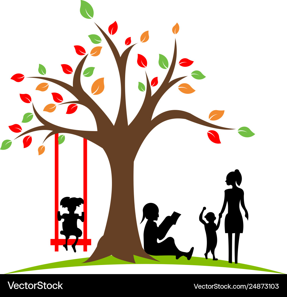 Children and mothers play under tree Royalty Free Vector