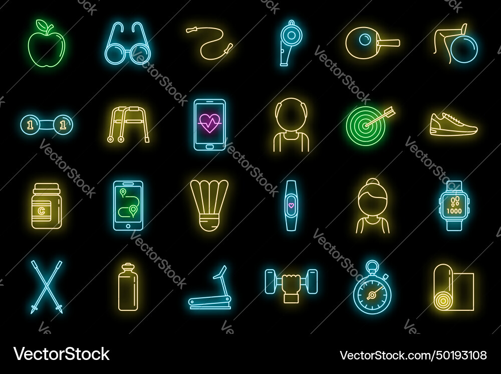 Workout seniors activity icons set neon Royalty Free Vector