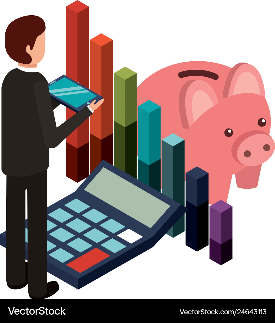 Businessman with calculator math and set icons Vector Image