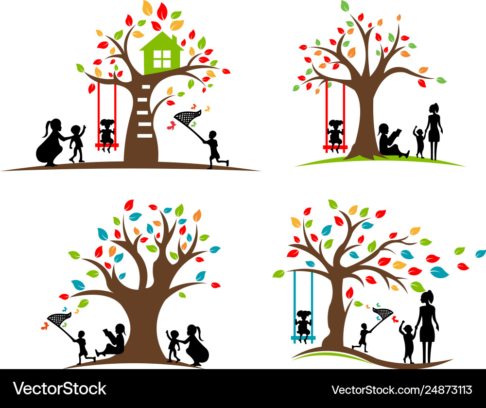 Children and mothers play under tree Royalty Free Vector