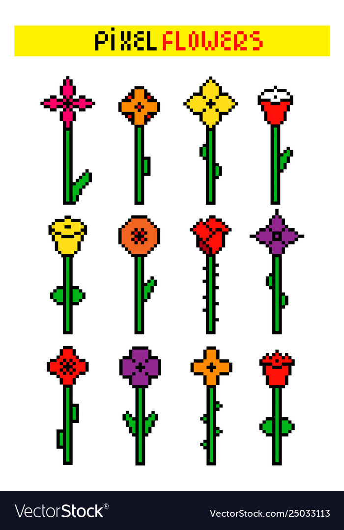 Set various colorful pixel flowers Royalty Free Vector Image