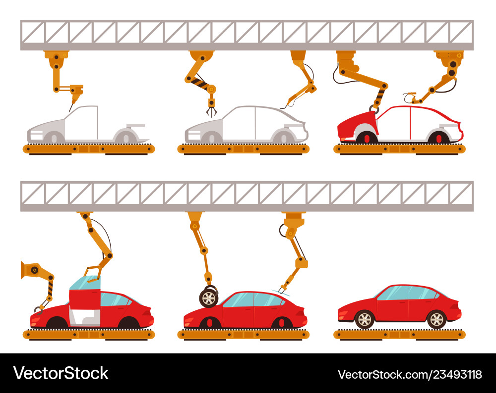Car assembly line with robot arms Royalty Free Vector Image