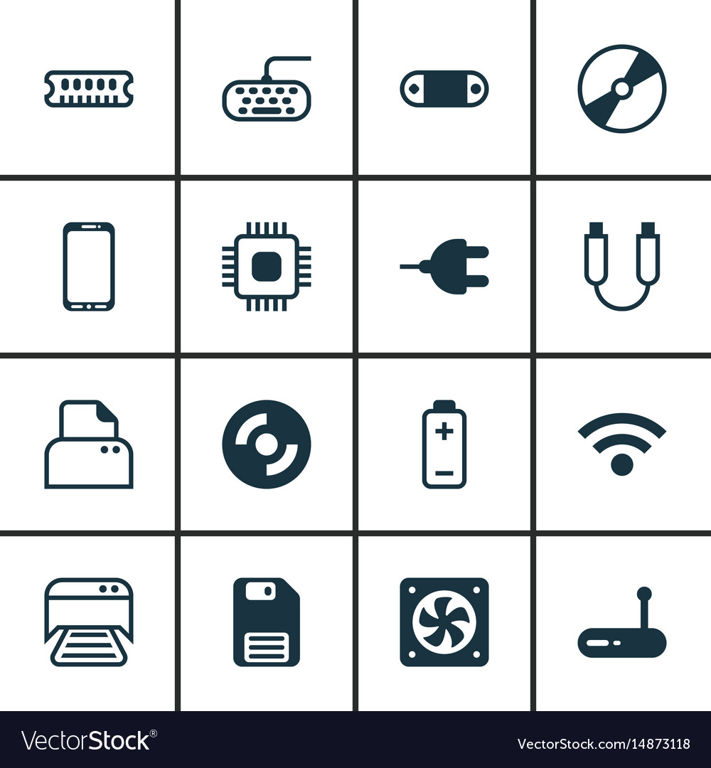 Set of 16 computer hardware icons includes Vector Image