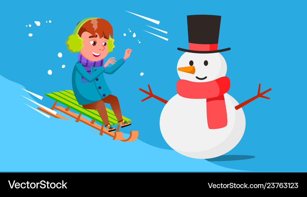 Kid boy rolling downhill on a sled and crashes Vector Image