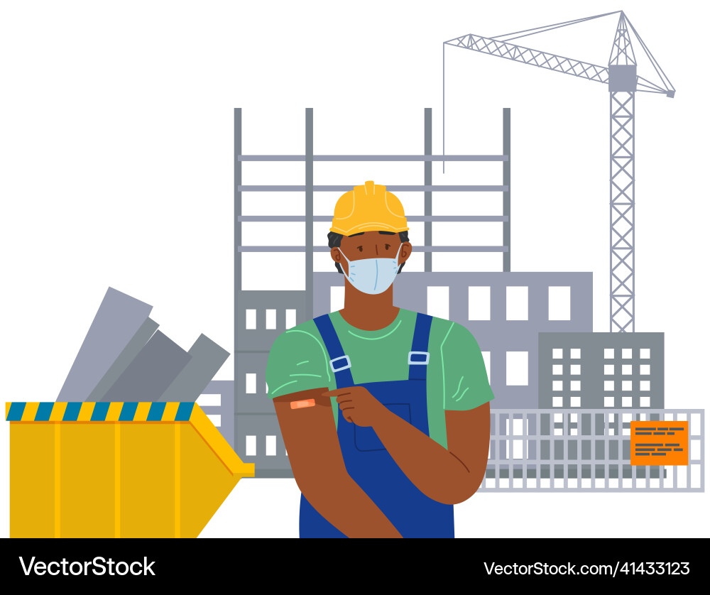 Male builder wearing protective mask showing his Vector Image